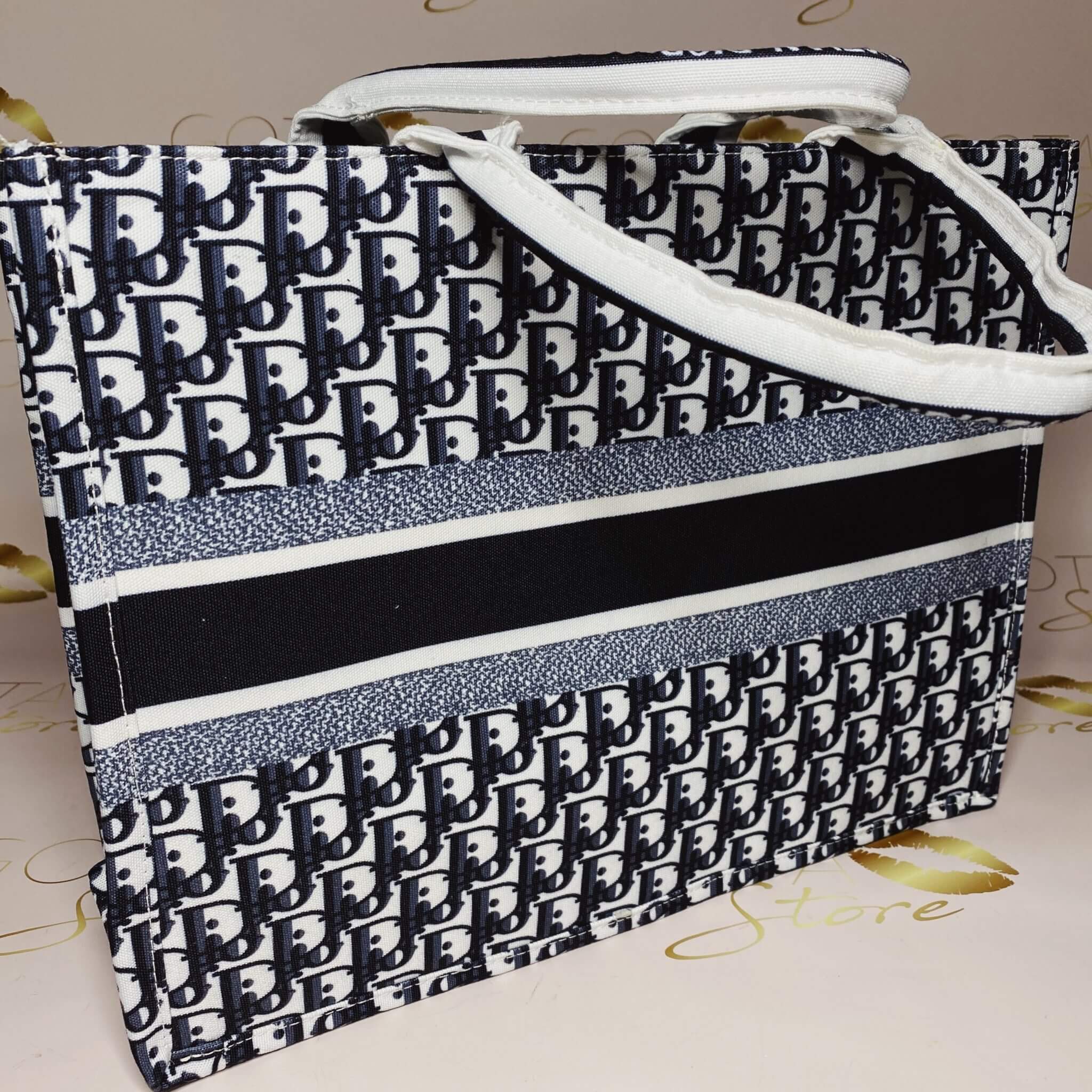 CD Book Beach Tote Bag Classic Monogram – Black & White Fabric Logo ...