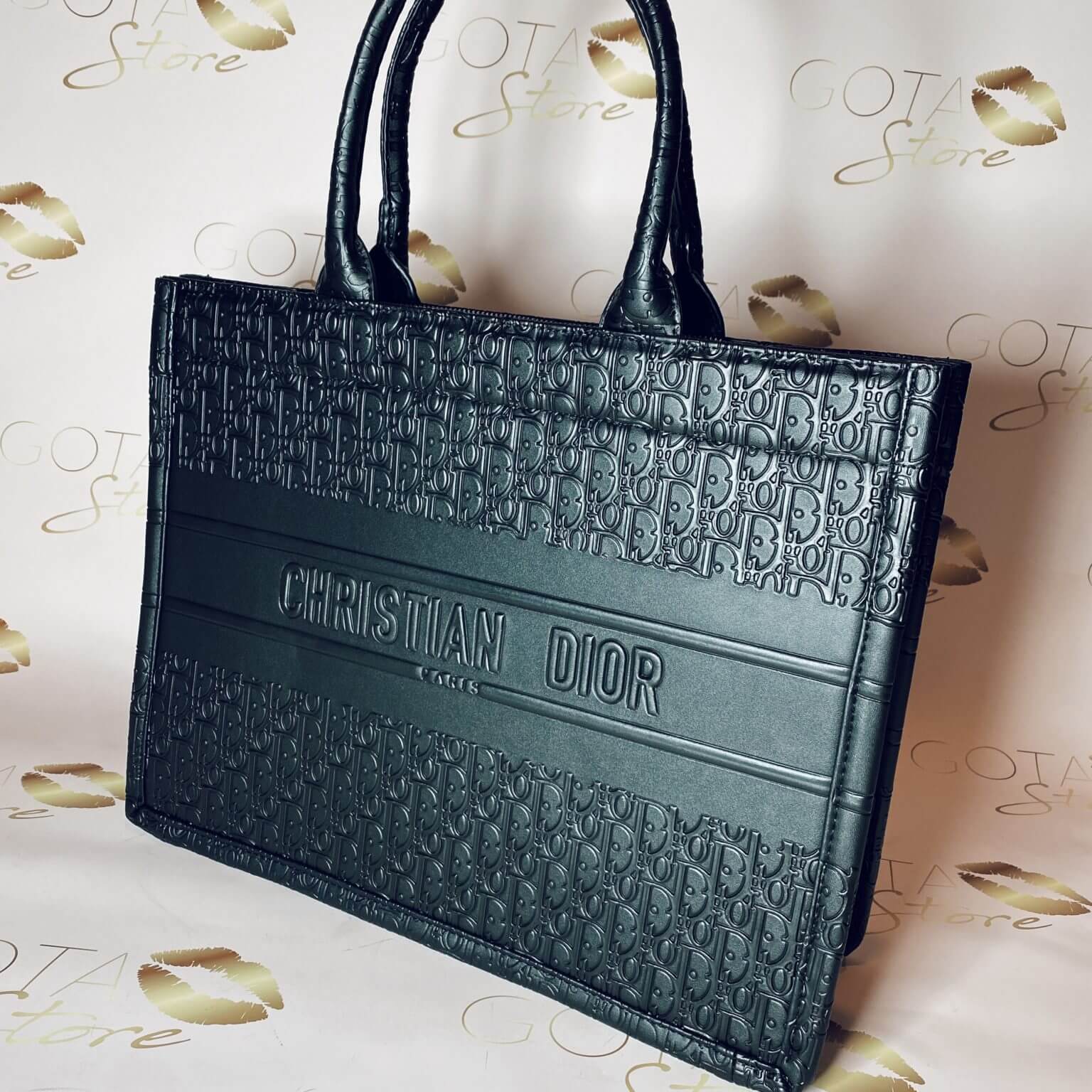 CD Book Beach Tote Bag Black Monogram Embossed – Black Leather Women’s ...